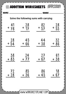 2 Digit Addition Worksheets with Carrying
