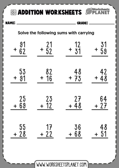 2 Digit Addition Worksheets with Carrying