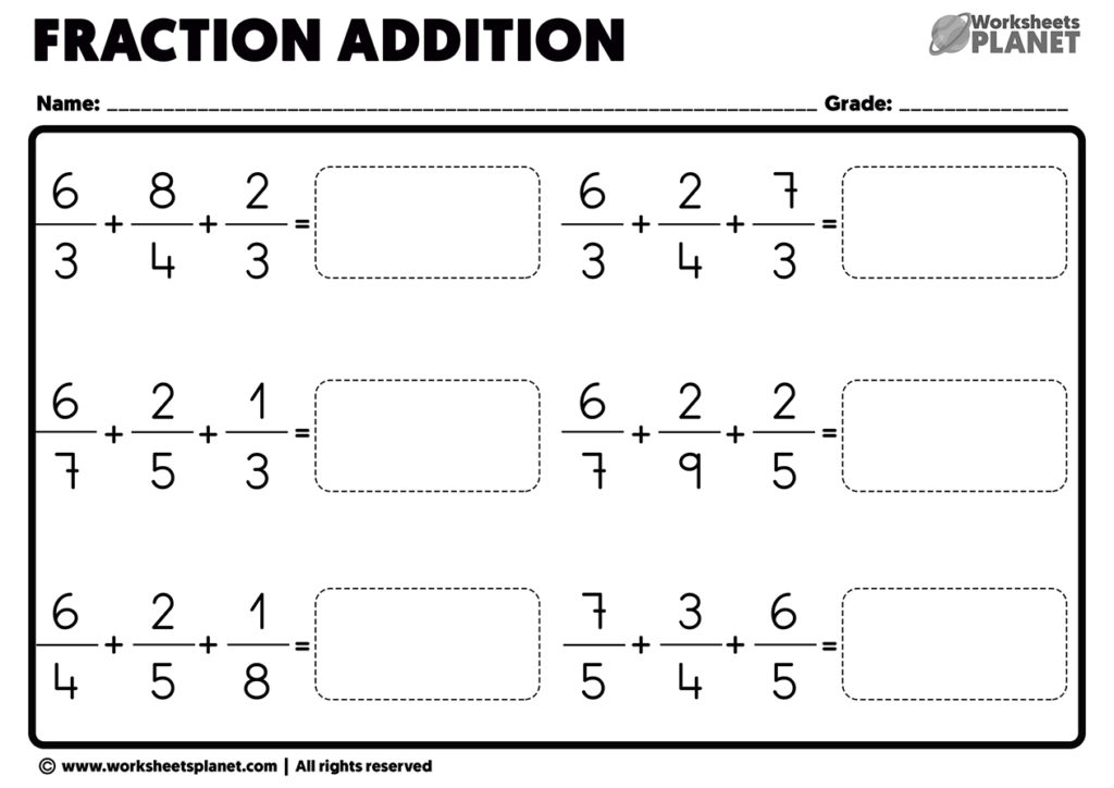 Adding 3 Fractions Problems | Printable Fraction Addition Worksheets