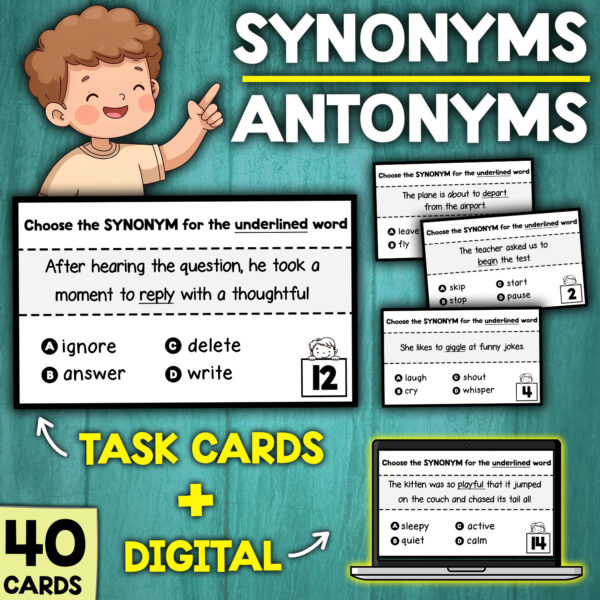 Synonyms and Antonyms Activity | Context Clue Task Cards